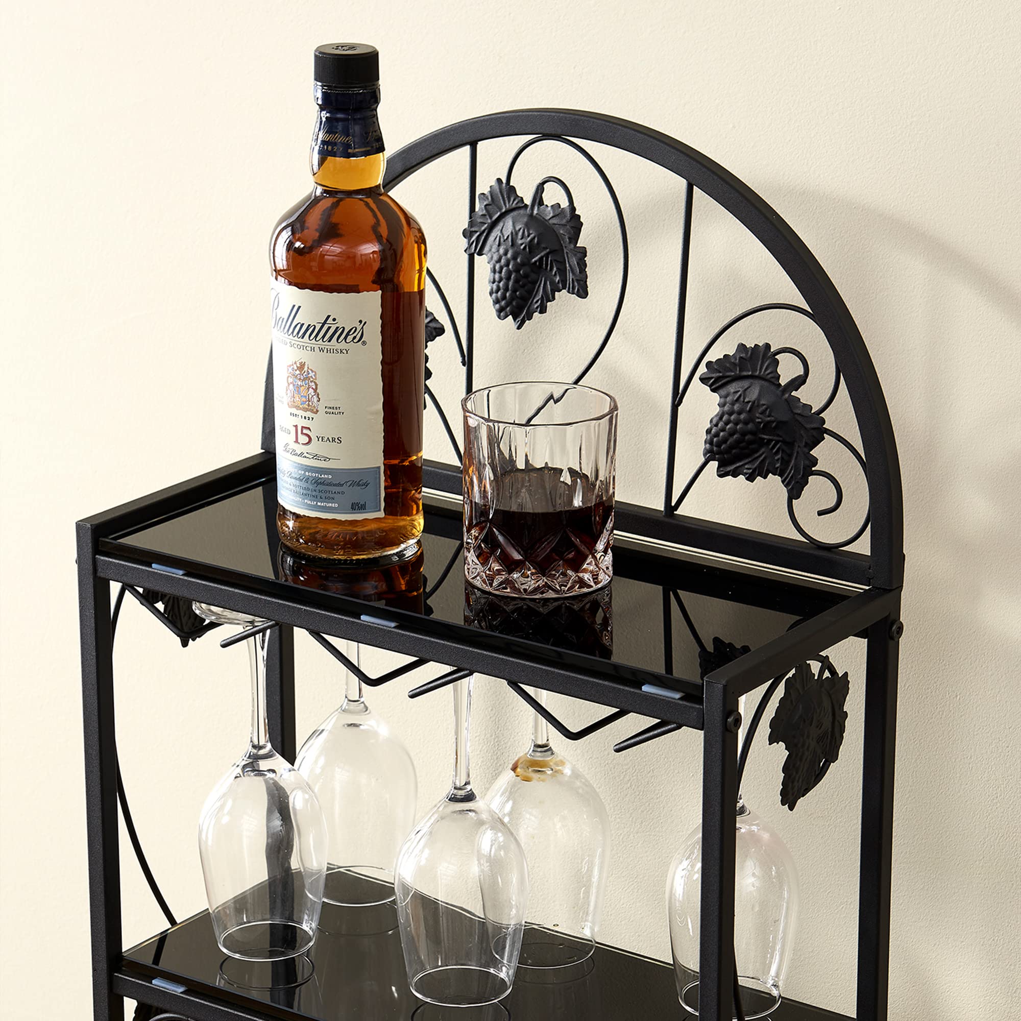 VECELO Metal Wine Rack Hold 20 Bottles with Glasses Holder, Freestanding Floor Bar Storage & Display Shelf for Kitchen Dining Living Room, Black Glass Top