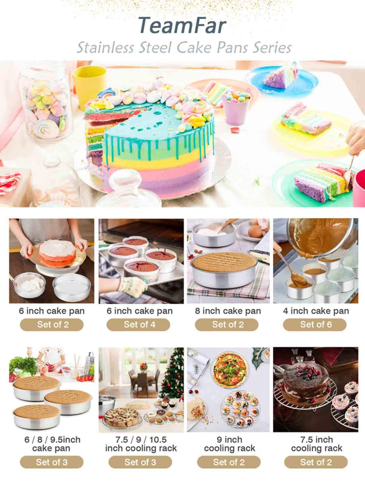 TeamFar Cake Pan, 4’’ - 6’’ - 8’’ - 9½’’ - 11’’, Stainless Steel Round Baking Tier Cake Pans Set, Healthy & Heavy Duty, Mirror Finish & Dishwasher Safe - Set of 5