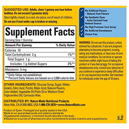 Nature Made Melatonin 5mg, 100% Drug Free Sleep Aid for Adults, 70 Gummies, 70 Day Supply