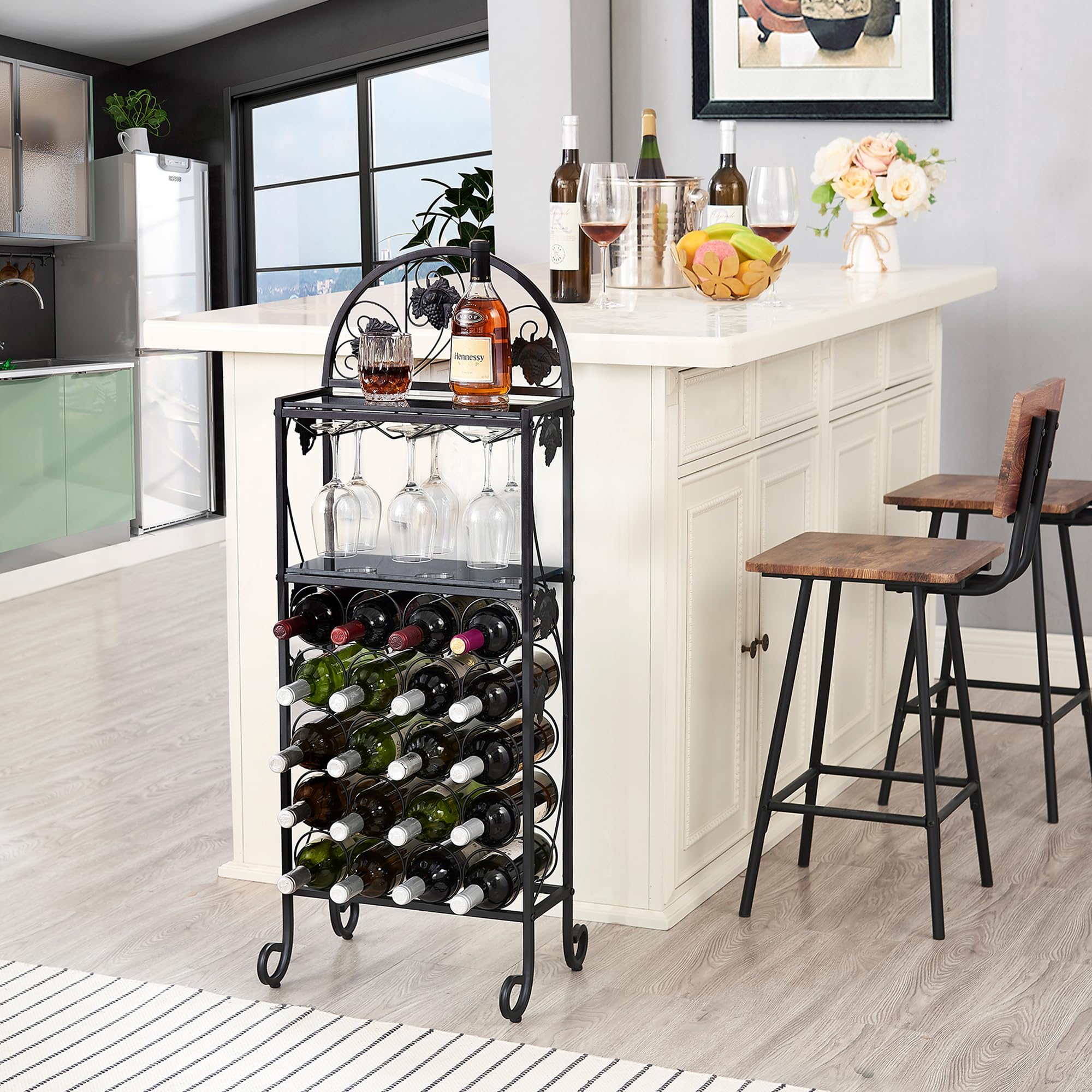 VECELO Metal Wine Rack Hold 20 Bottles with Glasses Holder, Freestanding Floor Bar Storage & Display Shelf for Kitchen Dining Living Room, Black Glass Top