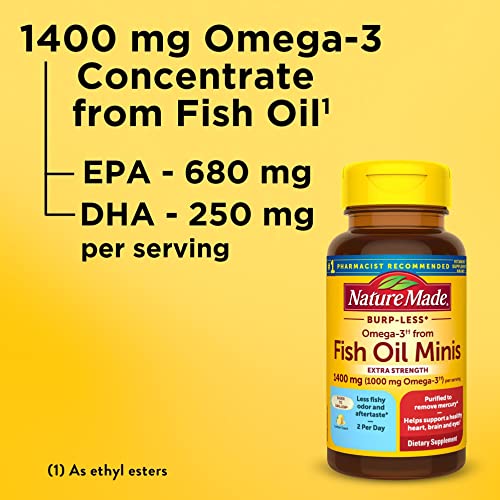 Nature Made Extra Strength Burp Less Omega 3 Fish Oil 1400 mg Minis, Fish Oil Supplements as Ethyl Esters for Healthy Heart, Brain and Eyes Support, Omega 3 Supplement, 60 Softgels, 30 Day Supply