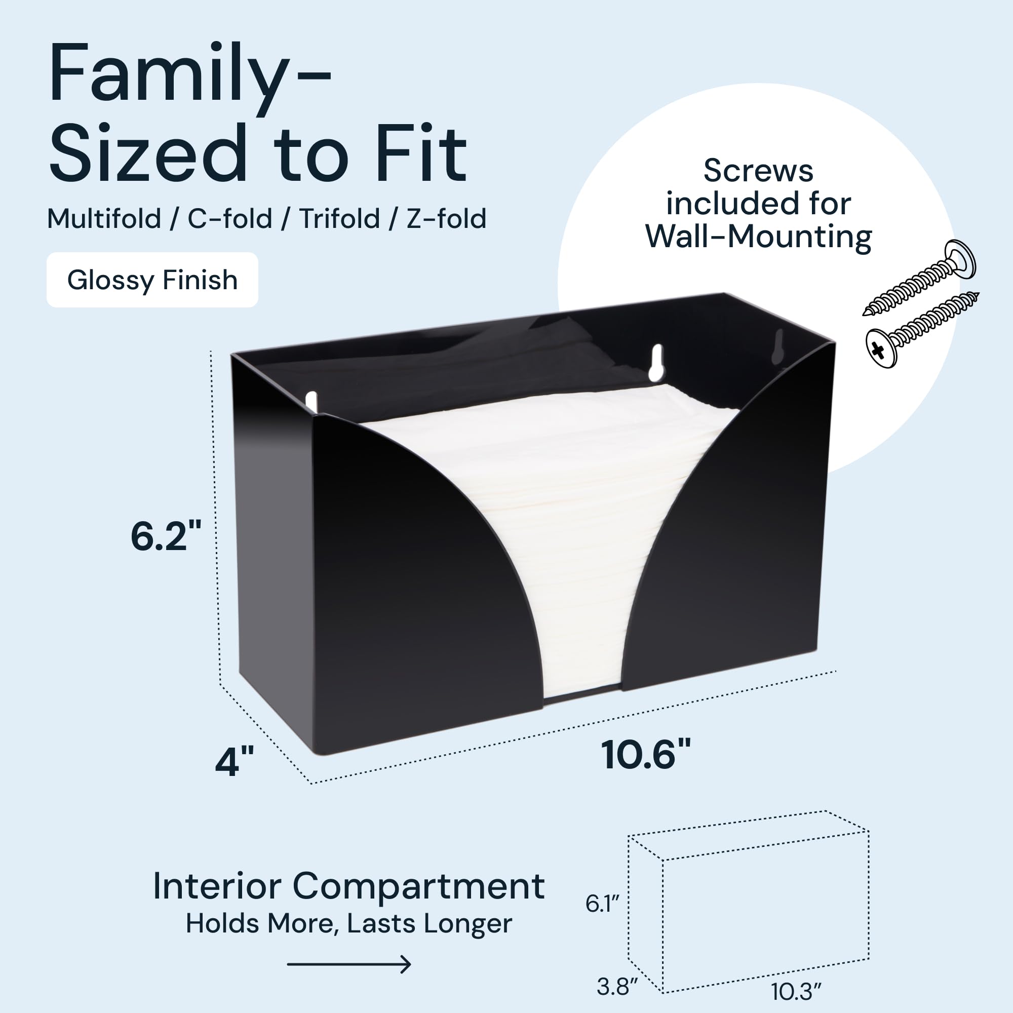 SimplyImagine Countertop Paper Towel Holder Dispenser - Black Acrylic Storage Holder for Kitchen or Bathroom Use for Multifold, C Fold, Trifold, Z Fold Hand Towel Napkins - Commercial or Home Use