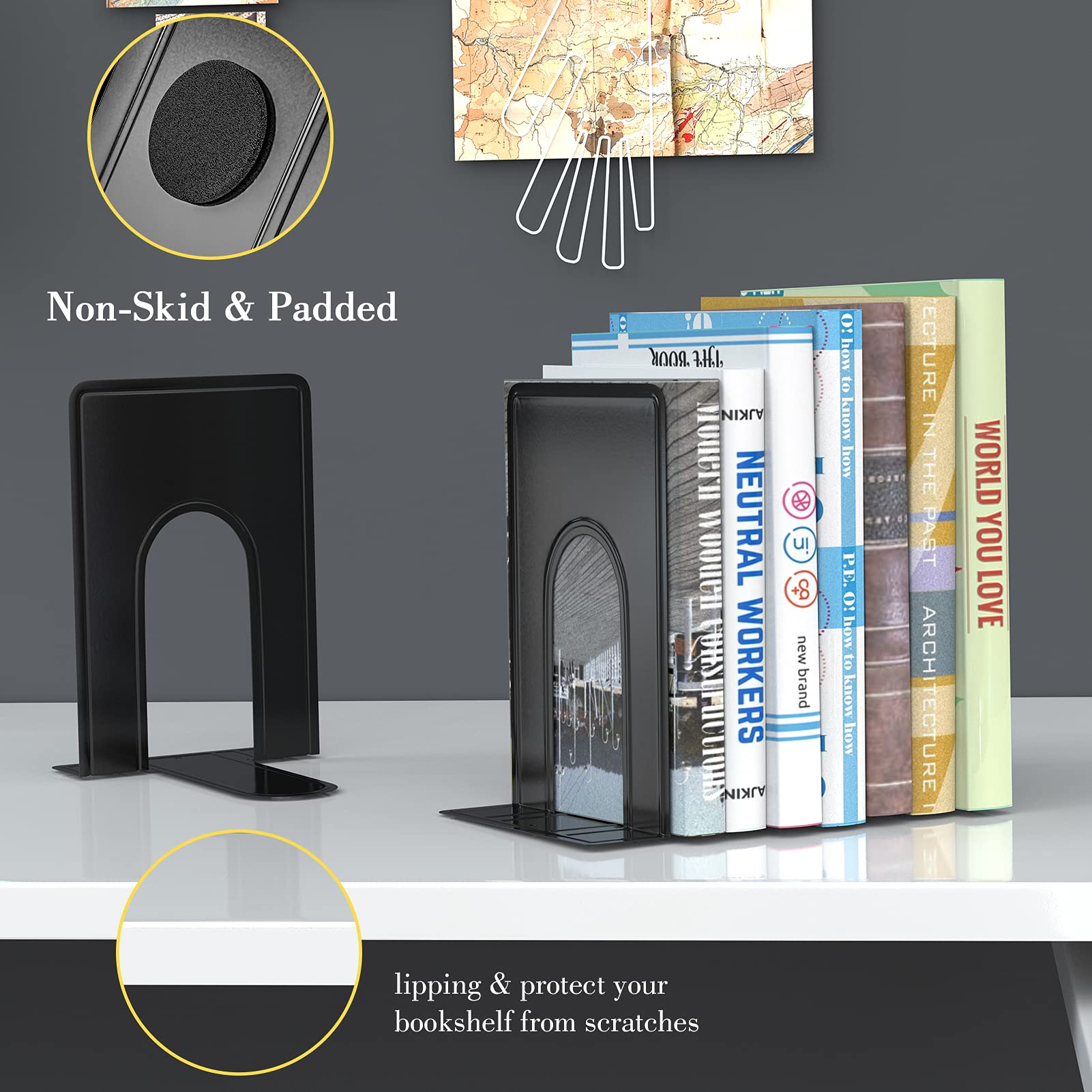 Bookends, Bookend Supports Heavy Duty Metal Bookend Support, Book Ends Supports for Shelves Decor Home Office School (1 Pair/2 Pieces, Black)