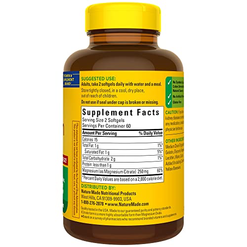 Nature Made Magnesium Citrate 250 mg per serving, Dietary Supplement for Muscle, Nerve, Bone and Heart Support, 120 Softgels, 60 Day Supply
