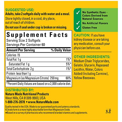 Nature Made Magnesium Citrate 250 mg per serving, Dietary Supplement for Muscle, Nerve, Bone and Heart Support, 120 Softgels, 60 Day Supply