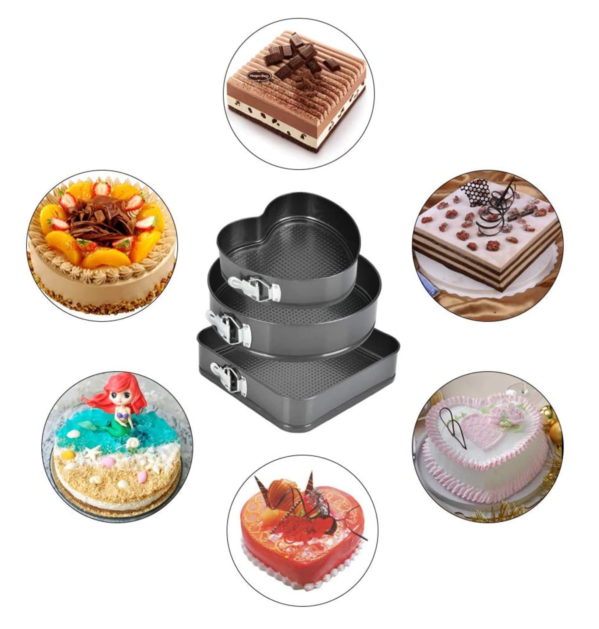 Springform cake pan 8"Heart-shaped & 9"Round &10"Square pan (3 Shaped of Pans)Sets for Baking,Cake Decorating Supplies,Icing Tips, Piping Bag Couplers