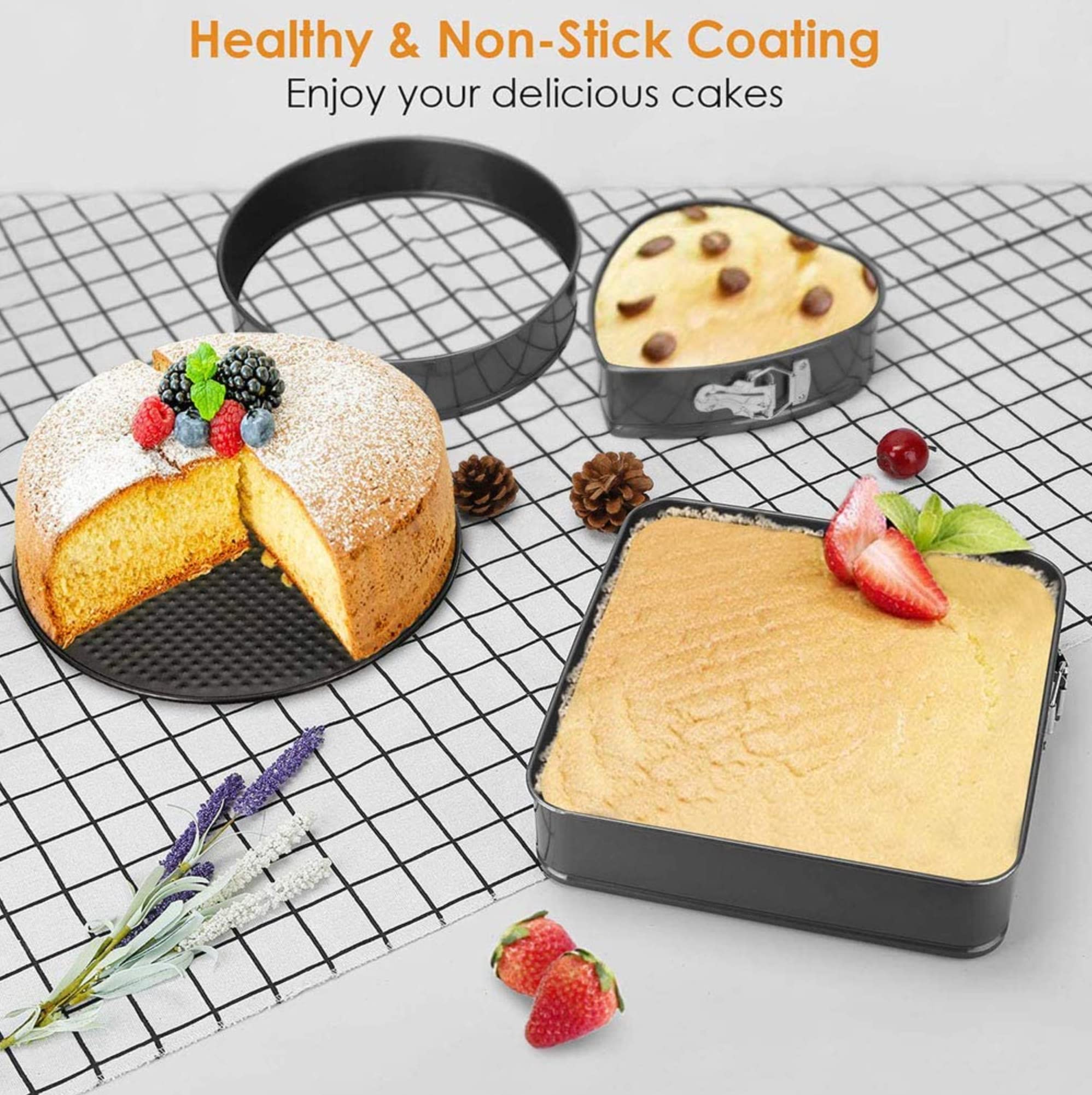 Springform cake pan 8"Heart-shaped & 9"Round &10"Square pan (3 Shaped of Pans)Sets for Baking,Cake Decorating Supplies,Icing Tips, Piping Bag Couplers