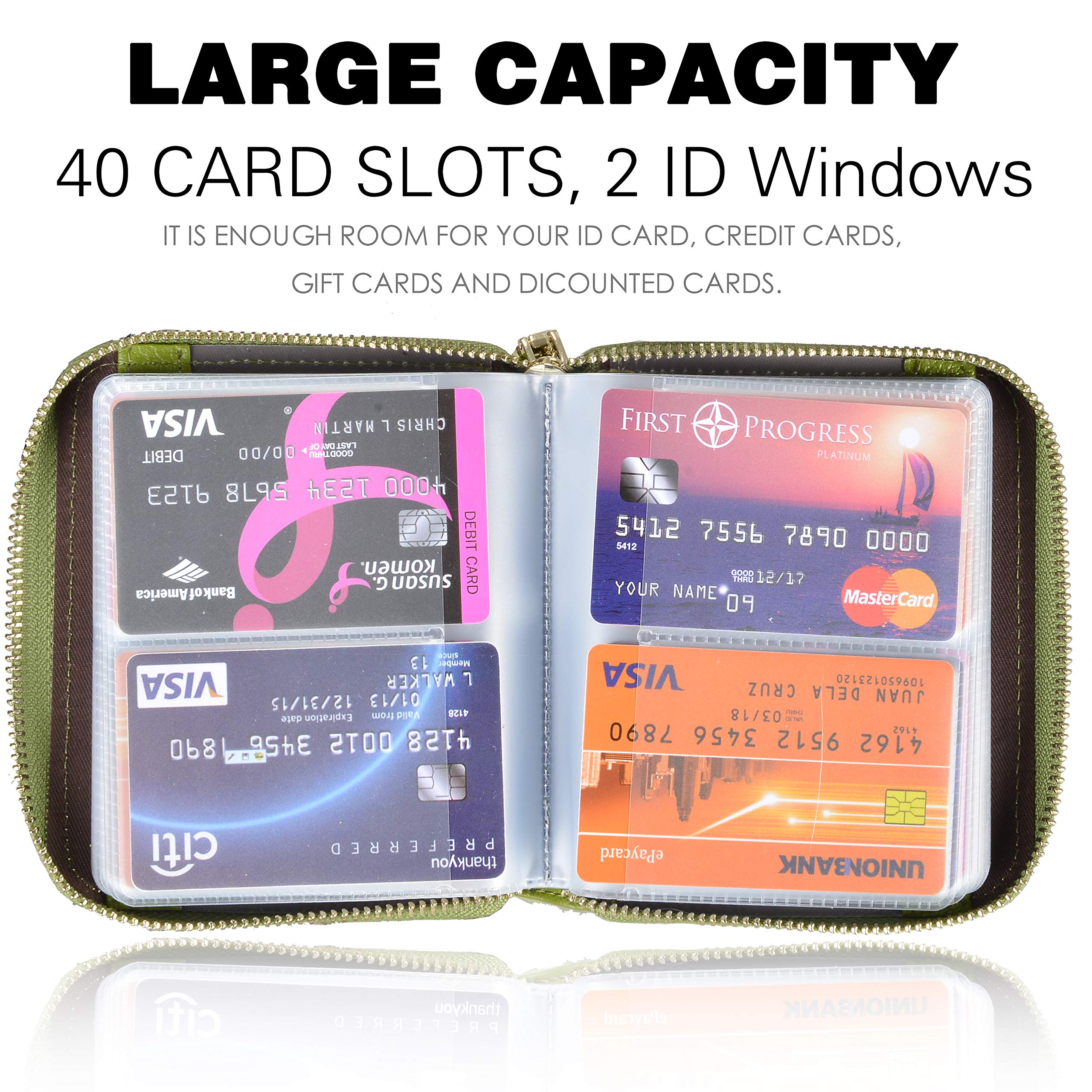 Easyoulife Womens Credit Card Holder Wallet Zip Leather Card Case RFID Blocking (Green)