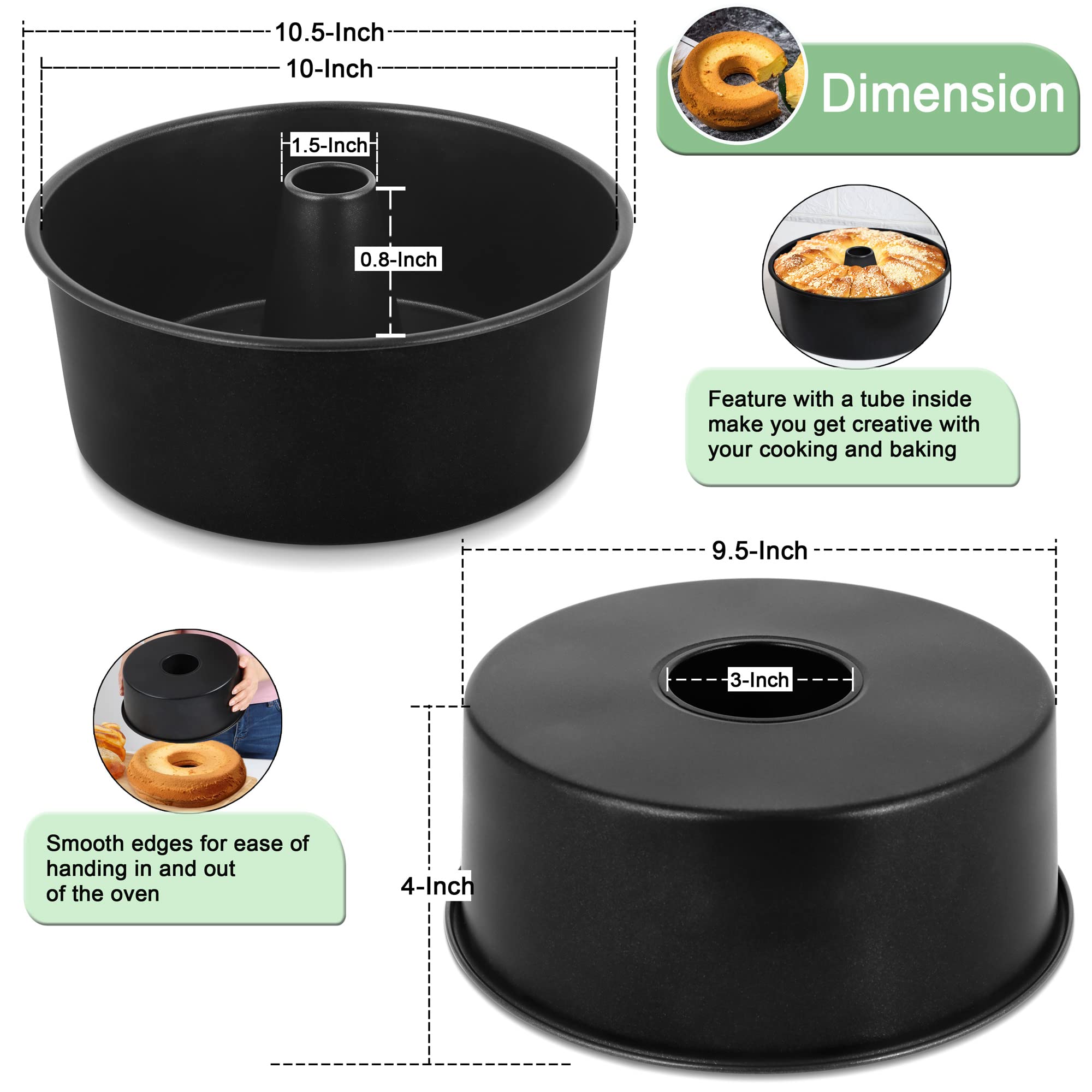 LIANYU 10 Inch Angel Food Cake Pan, Black Nonstick Tube Pan for Baking Pound Cake, Deep Chiffon Mold with Stainless Steel Core, Easy to Release, Leak Proof