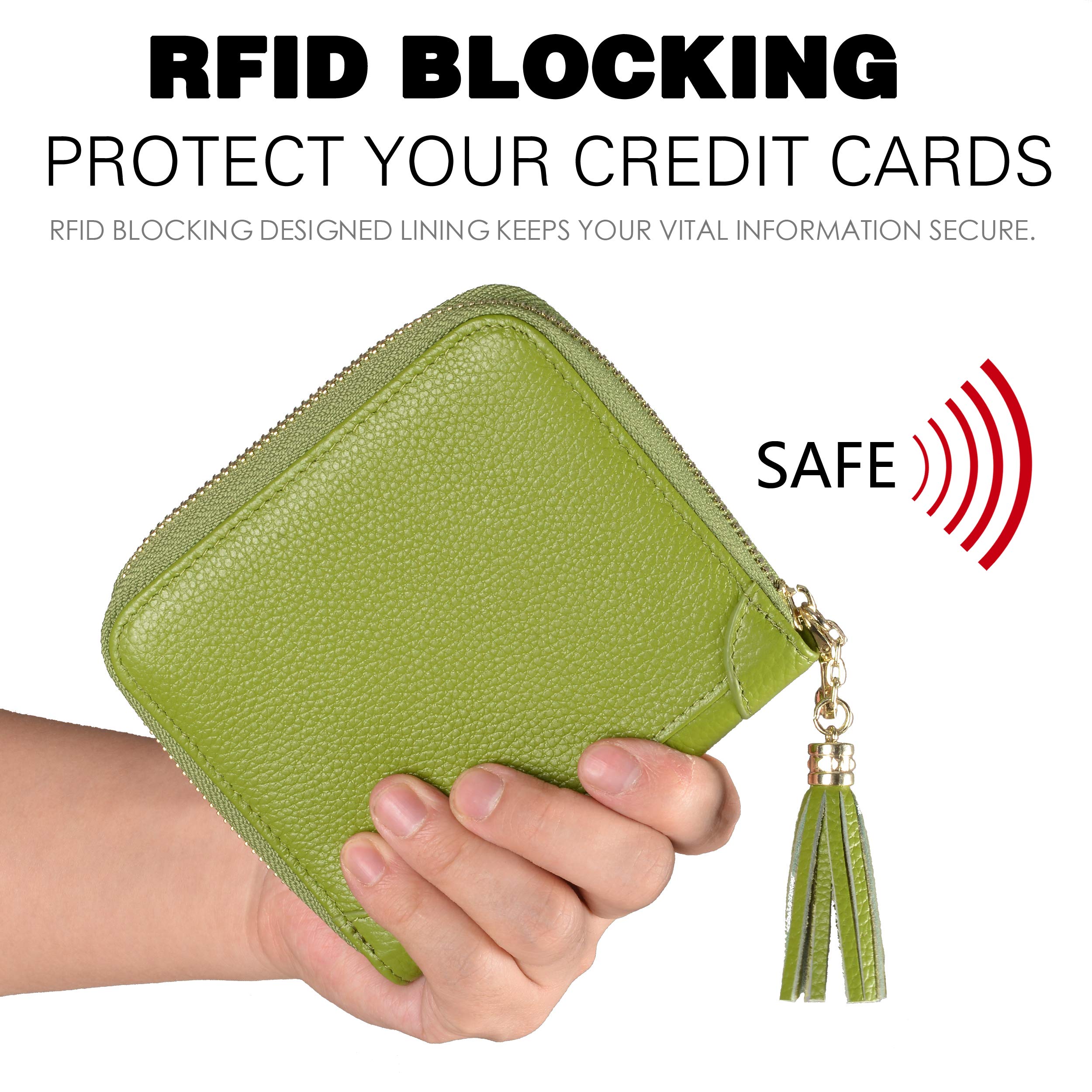 Easyoulife Womens Credit Card Holder Wallet Zip Leather Card Case RFID Blocking (Green)