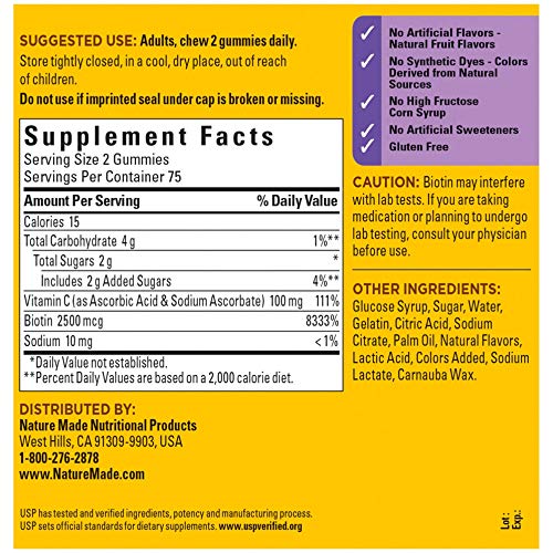 Nature Made Hair Skin and Nails with Biotin 2500 mcg, Dietary Supplement for Healthy Hair, Skin & Nails Support, 150 Gummies, 75 Day Supply