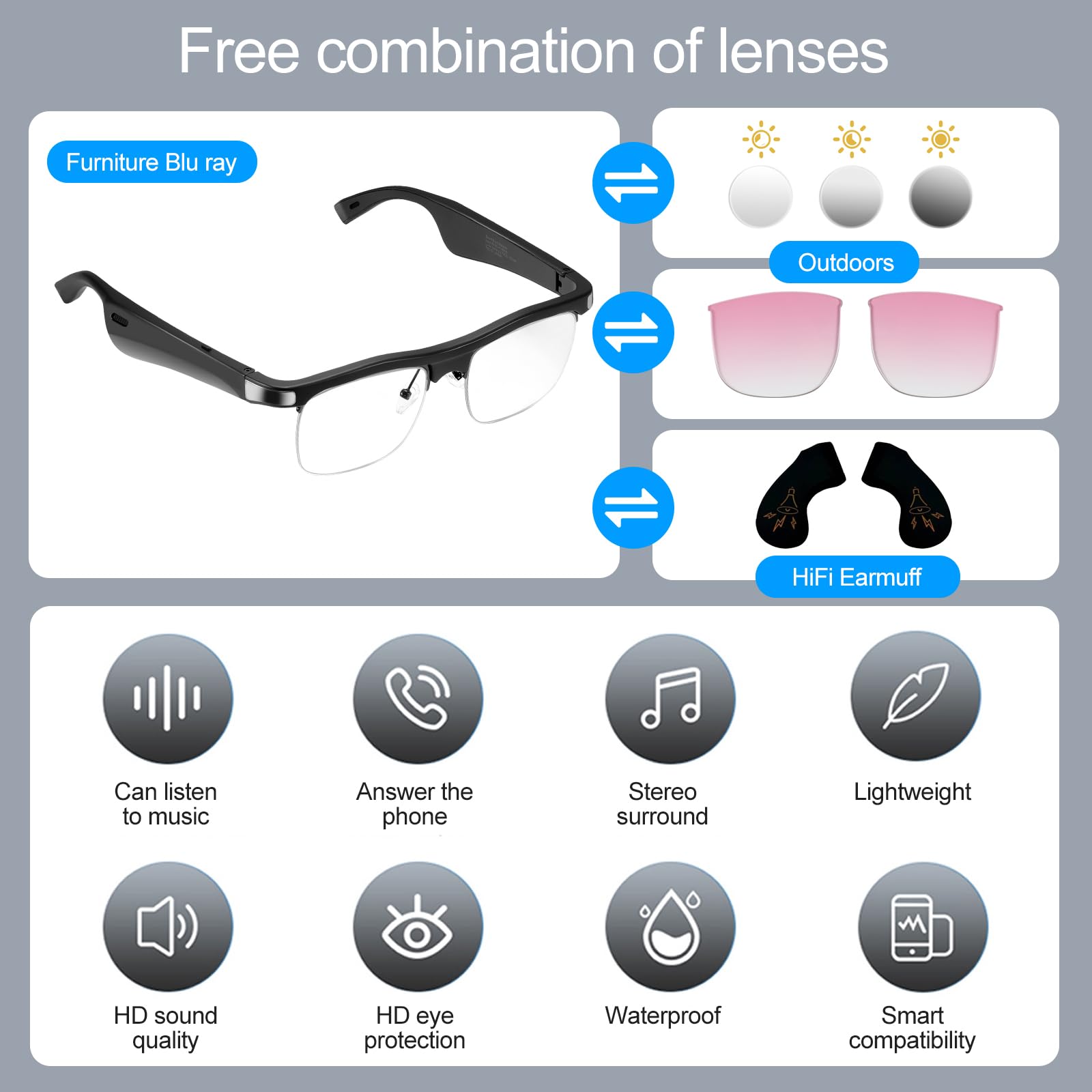 CatXQ Smart Bluetooth Audio Glasses | 2in1 Photochromic Sunglasses & Blue Light Filtering Lenses | HiFi Earmuff | Gradient Pink Sunglasses Lenses for Men Women [Optional Replacement Lens]
