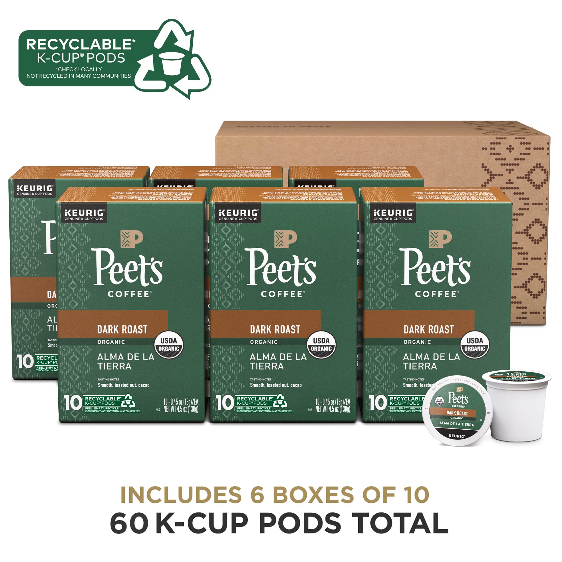Peet's Coffee, Dark Roast K-Cup Pods for Keurig Brewers - Organic Alma de la Tierra, USDA Organic 60 Count (6 Boxes of 10 K-Cup Pods) Packaging May Vary