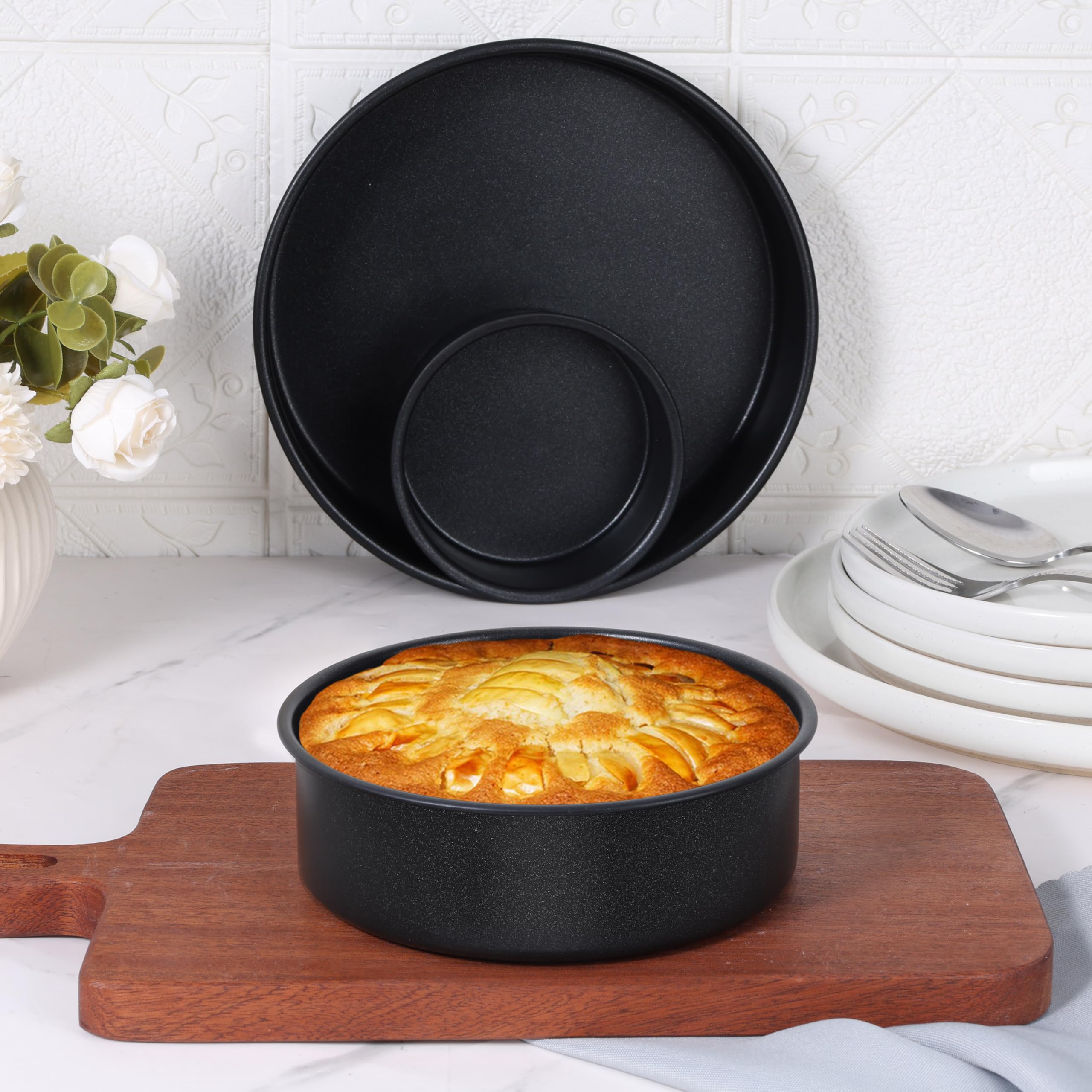 E-far 3-Piece Cake Pan(4/6/8 Inch), Nonstick Stainless Steel Round Baking Cake Pans, Metal Cake Mold Tins for Birthday/Wedding, Stainless Steel Core & Non-toxic Coating, Straight Side & 2 Inch Deep