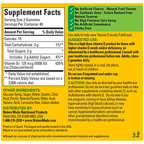 Nature Made Extra Strength Vitamin D3 5000 IU (125 mcg) per serving, Dietary Supplement for Bone, Teeth, Muscle and Immune Health Support, 80 Gummies, 40 Day Supply