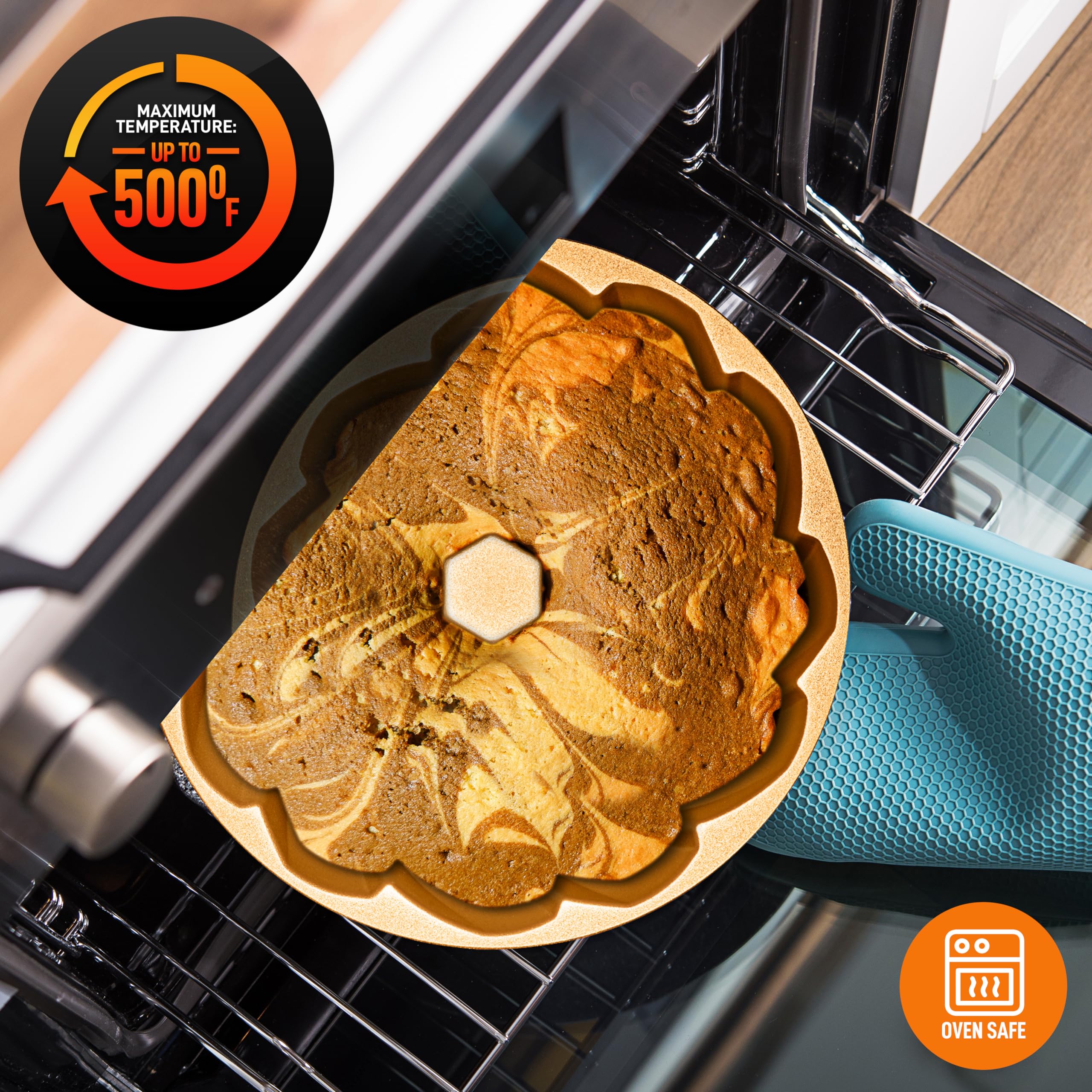 NutriChef 9-Inch Cake Pan - Heavy Die Cast Aluminum Cake Baking Mold with 2 Layers of Professional Nonstick Coating - Fluted Flow Design for Uniform Baking & Browning, Dishwasher Safe - Gold