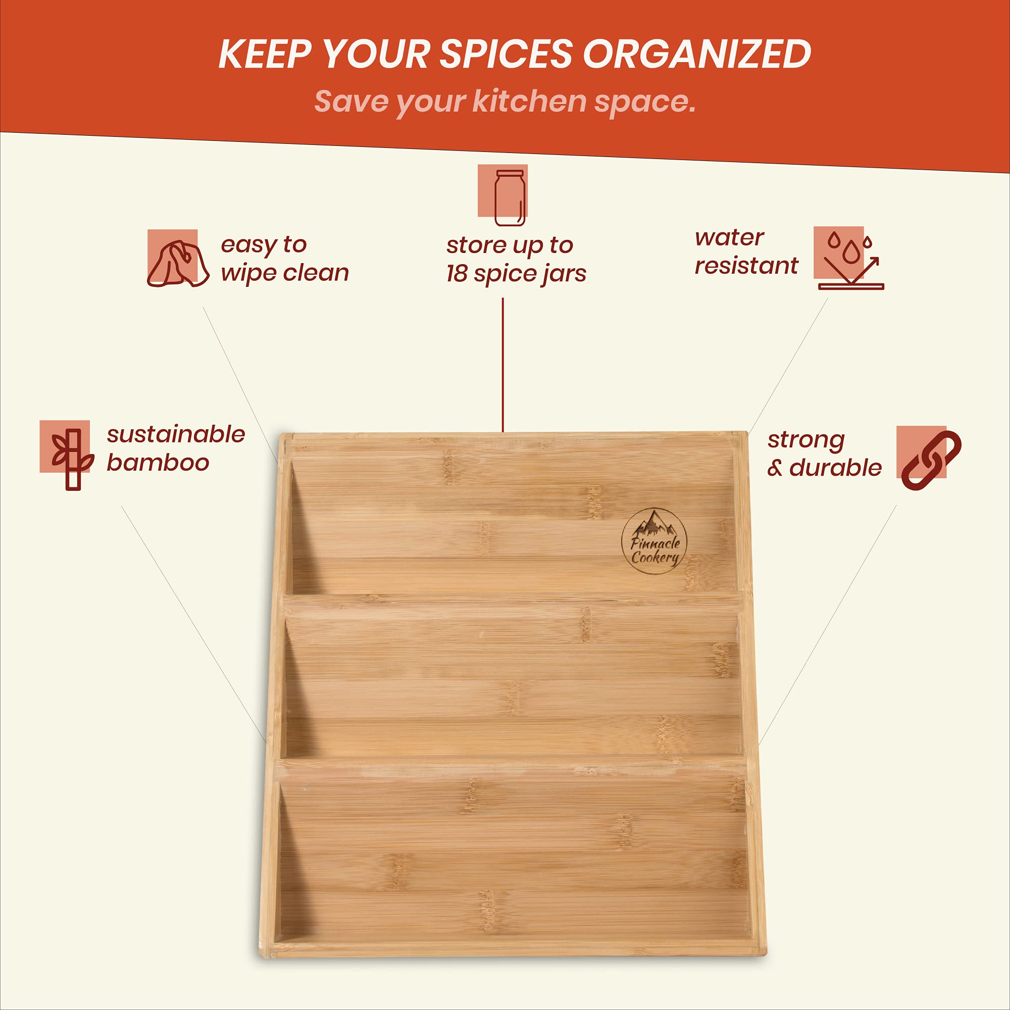 Pinnacle Cookery Bamboo Spice Rack Organizer For Countertop β Eco Friendly Seasoning Organizer 3-Tier Spice Shelf β Space Saving Wooden Spice Rack