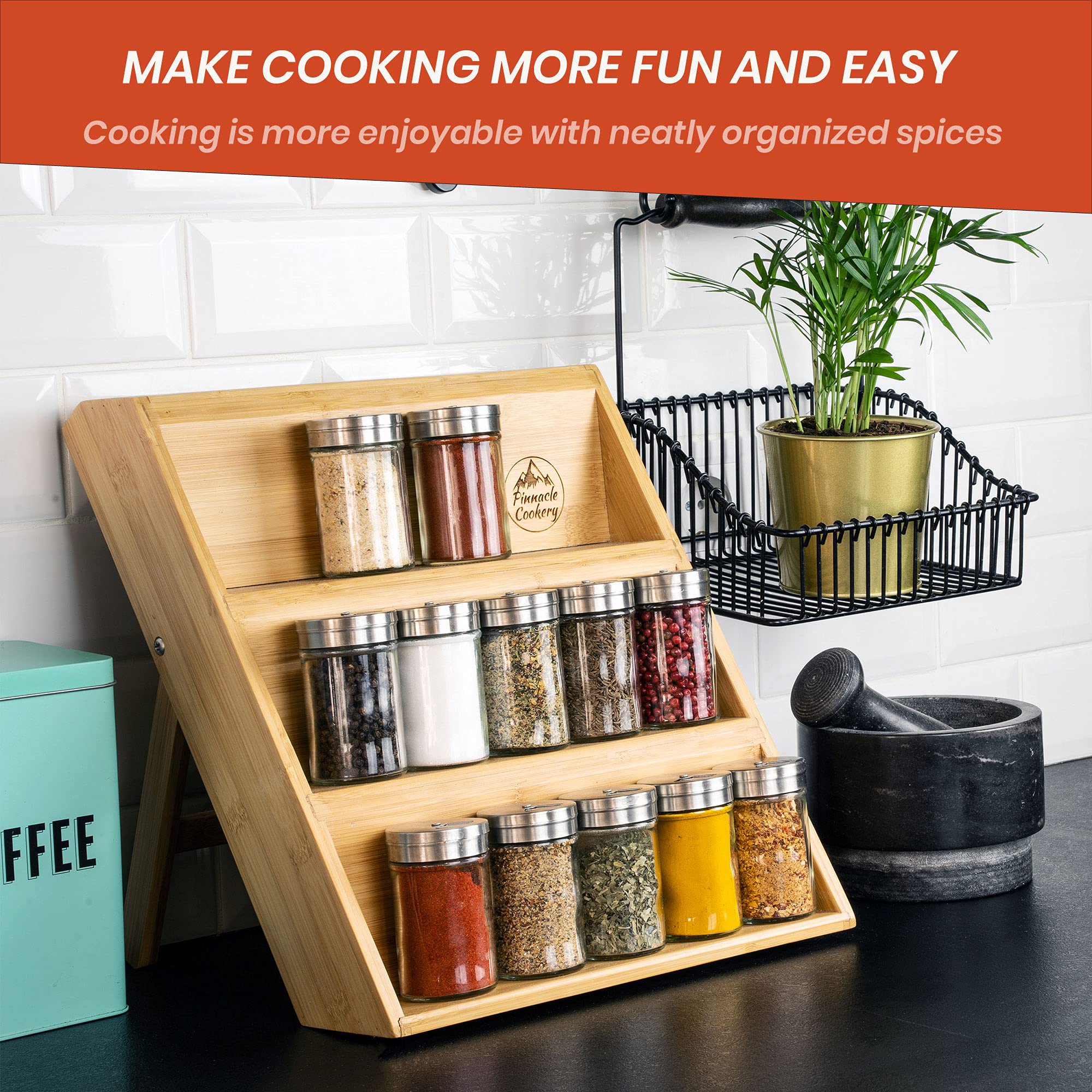 Pinnacle Cookery Bamboo Spice Rack Organizer For Countertop β Eco Friendly Seasoning Organizer 3-Tier Spice Shelf β Space Saving Wooden Spice Rack