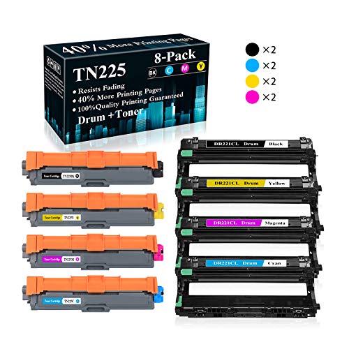 8-Pack (4Drum+4Toner) DR221CL Drum Unit TN225 Toner Cartridge Replacement for Brother HL-3140CW 3150CDN 3170CDW 3180CDW 9130CW 9140CDN 9330CDW 9340CDW 9015CDW 9020CDN Printer
