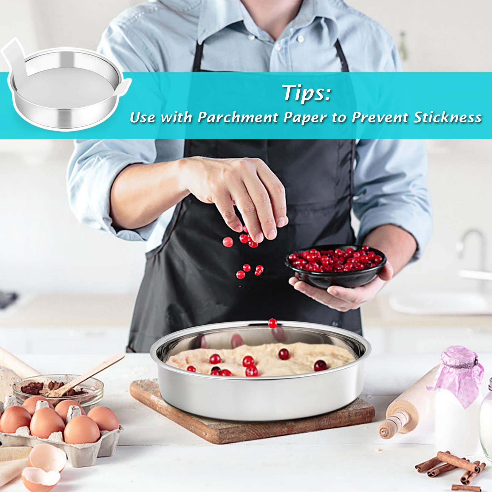 9½-inch Round Cake Pan, P&P CHEF Stainless Steel Bakeware Cake Pan, Easy Releasing & Cleaning, Oven & Dishwasher Safe, Round/Sliver