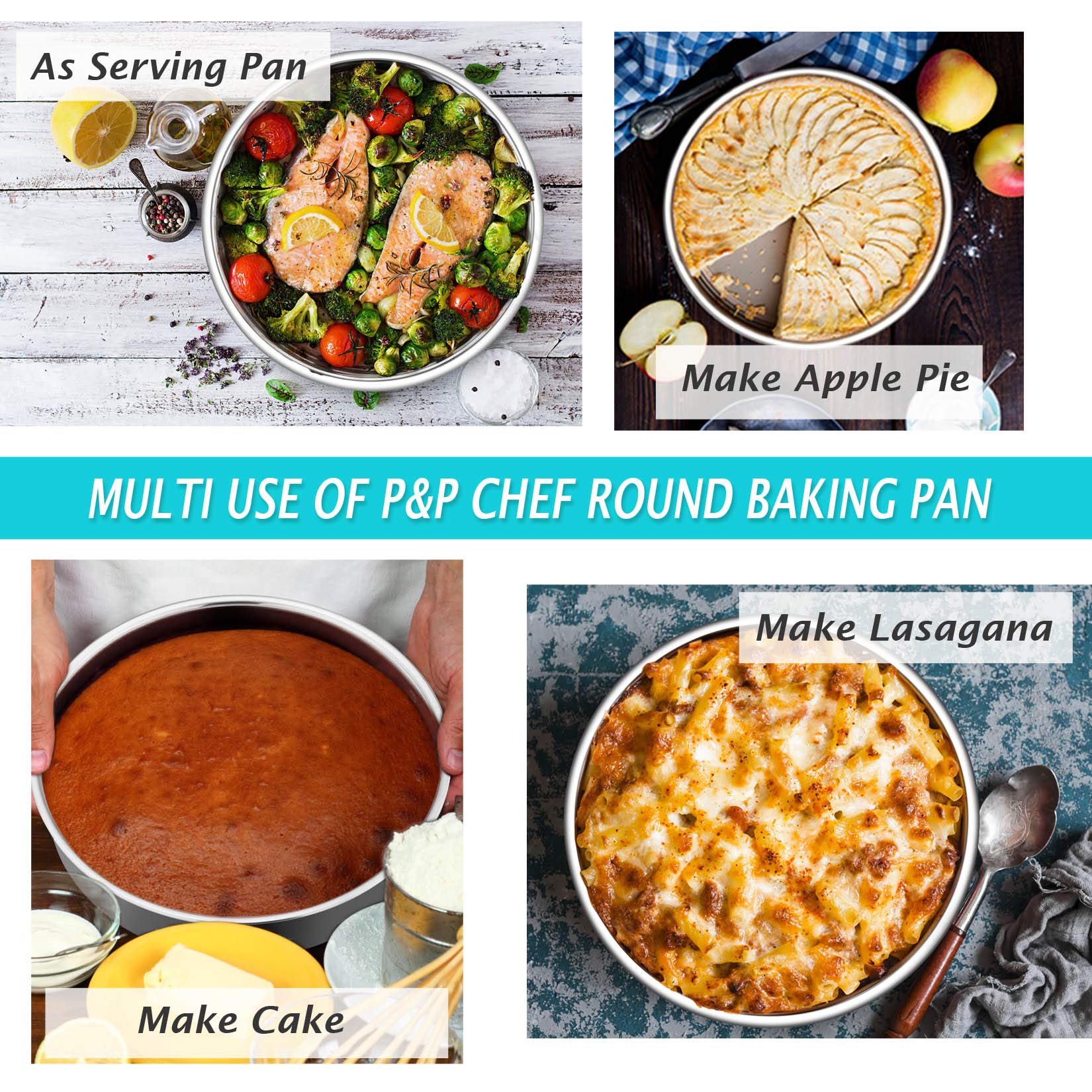 9½-inch Round Cake Pan, P&P CHEF Stainless Steel Bakeware Cake Pan, Easy Releasing & Cleaning, Oven & Dishwasher Safe, Round/Sliver