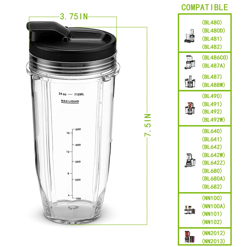 2 Pack 24 OZ Replacement Blender Cups with Lid for Ninja Auto iQ BL480 BL482 BL642 NN102 BL682 BL450 BL2013
