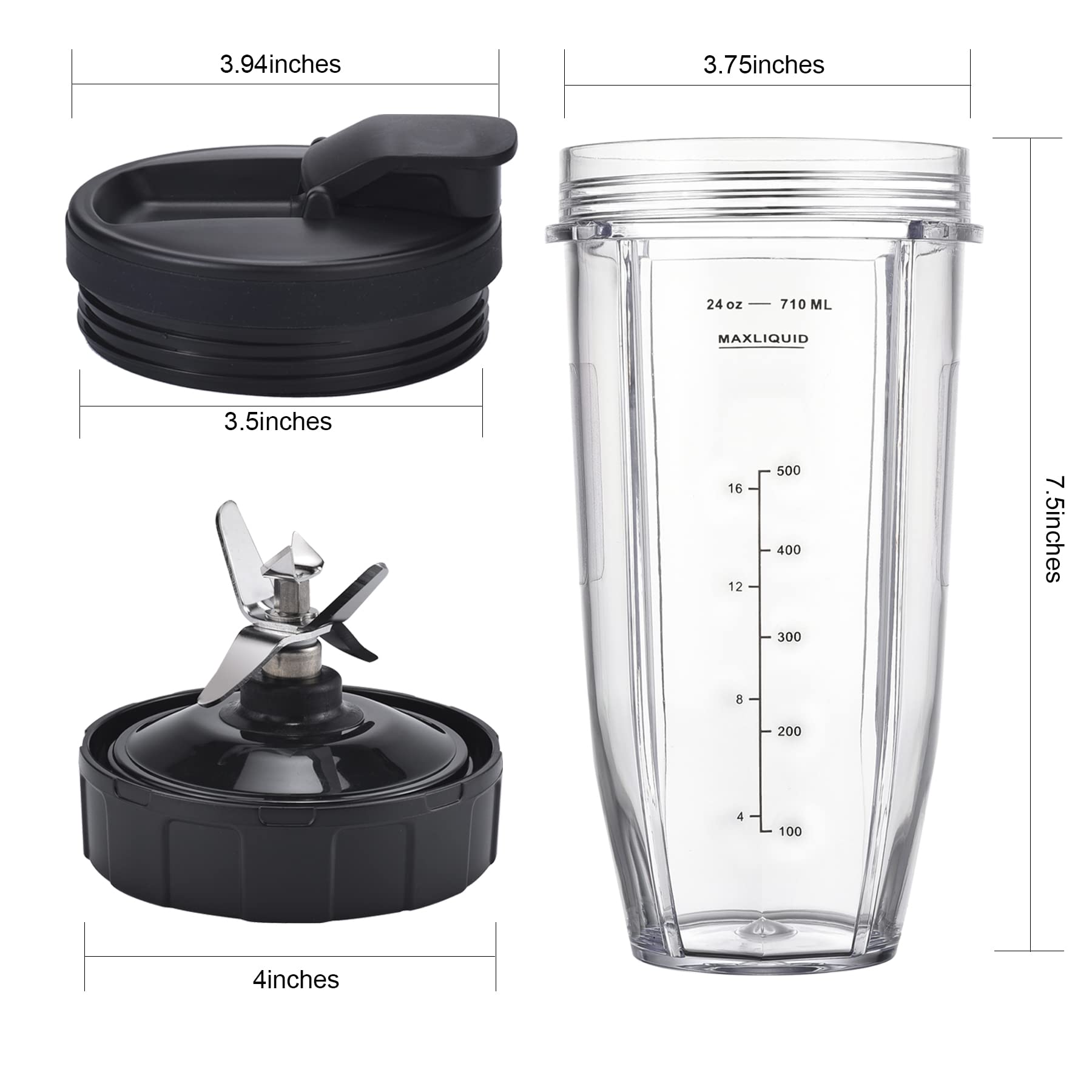 [Upgraded] Replacement 24oz Nutri Ninja Blender Cup, 24oz Cups with 7 Fins Replacement Extractor Blade Parts fit Ninja Auto iQ BL682-30 BL642-30 BL450-30 BL455-30 BL456-30 BL482-30 BL687CO-30 etc.