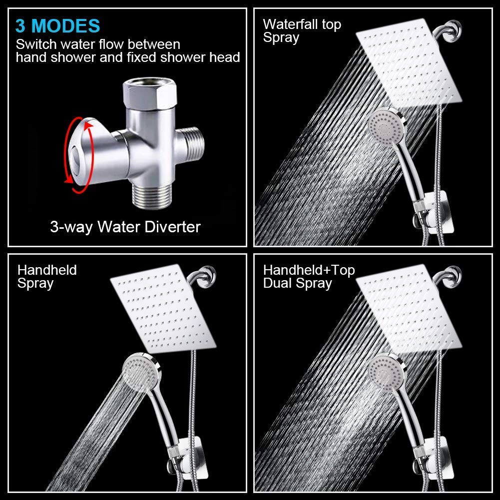Shower Head, High Pressure 8'' Rainfall Stainless Steel Shower Head/Handheld Combo with 60'' Hose Anti-leak Shower Head with Holder, Flow Regulator, Chrome, 4 Shower Hooks (8'' Showerhead Set, Sliver)