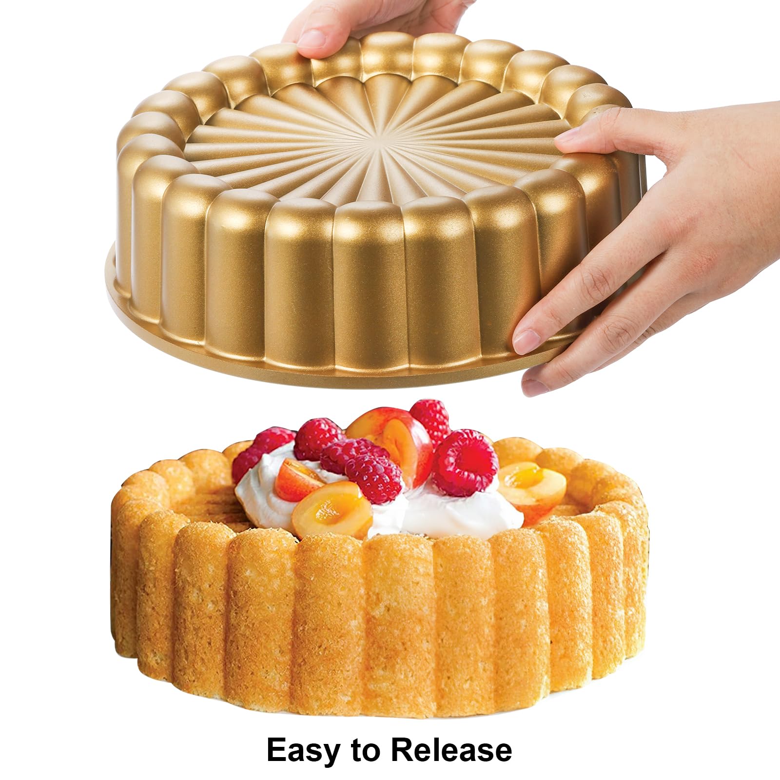 Goaste 9.5 Inch Charlotte Cake Pan, Reusable Mold Fluted Cake Pan, Nonstick Aluminium Cake Mold with Flower Shape for Cheese Cake, Chocolate Cake, Strawberry Shortcake, Brownie Tart Pie