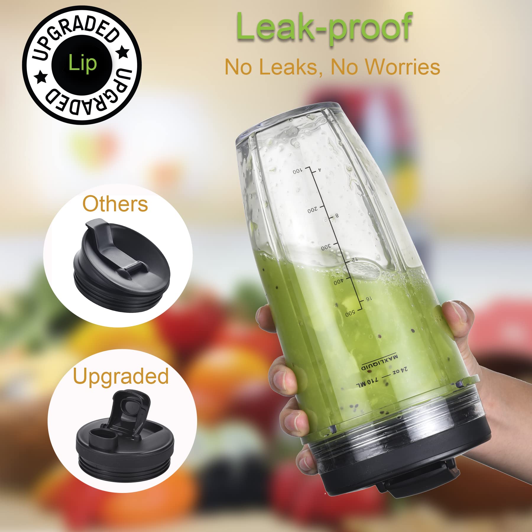 [Upgraded] Replacement 24oz Nutri Ninja Blender Cup, 24oz Cups with 7 Fins Replacement Extractor Blade Parts fit Ninja Auto iQ BL682-30 BL642-30 BL450-30 BL455-30 BL456-30 BL482-30 BL687CO-30 etc.