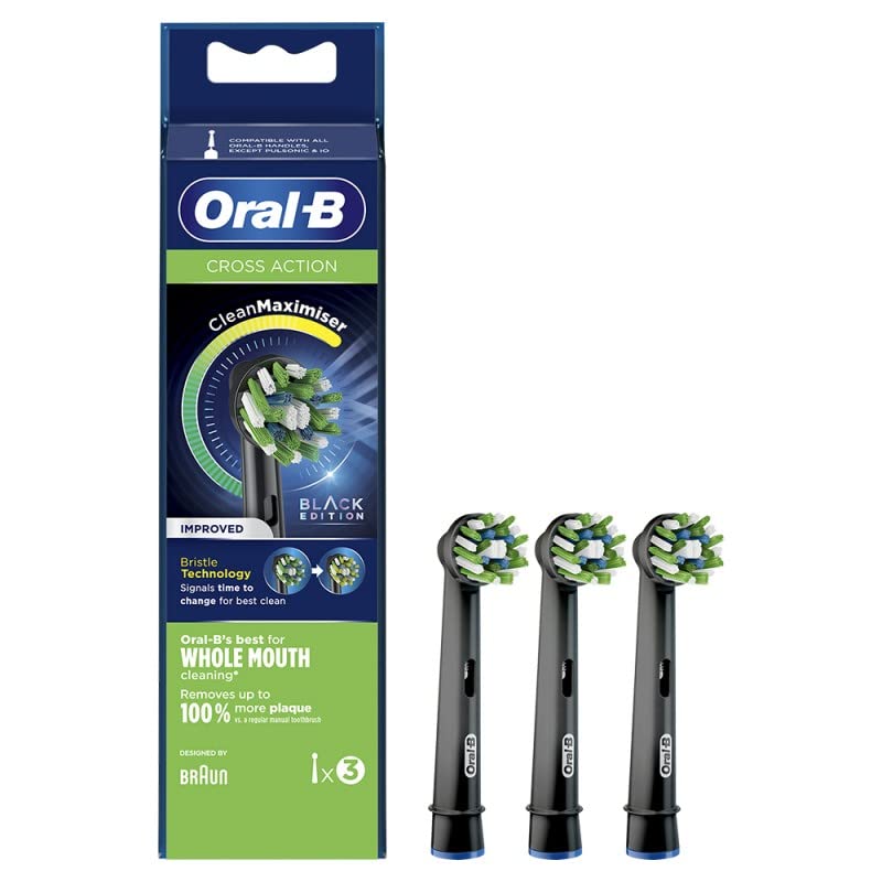 Oral-B CrossAction Replacement Toothbrush Heads for Black Edition Electric Toothbrush with CleanMaximiser Technology, Pack of 3 Replacement Heads
