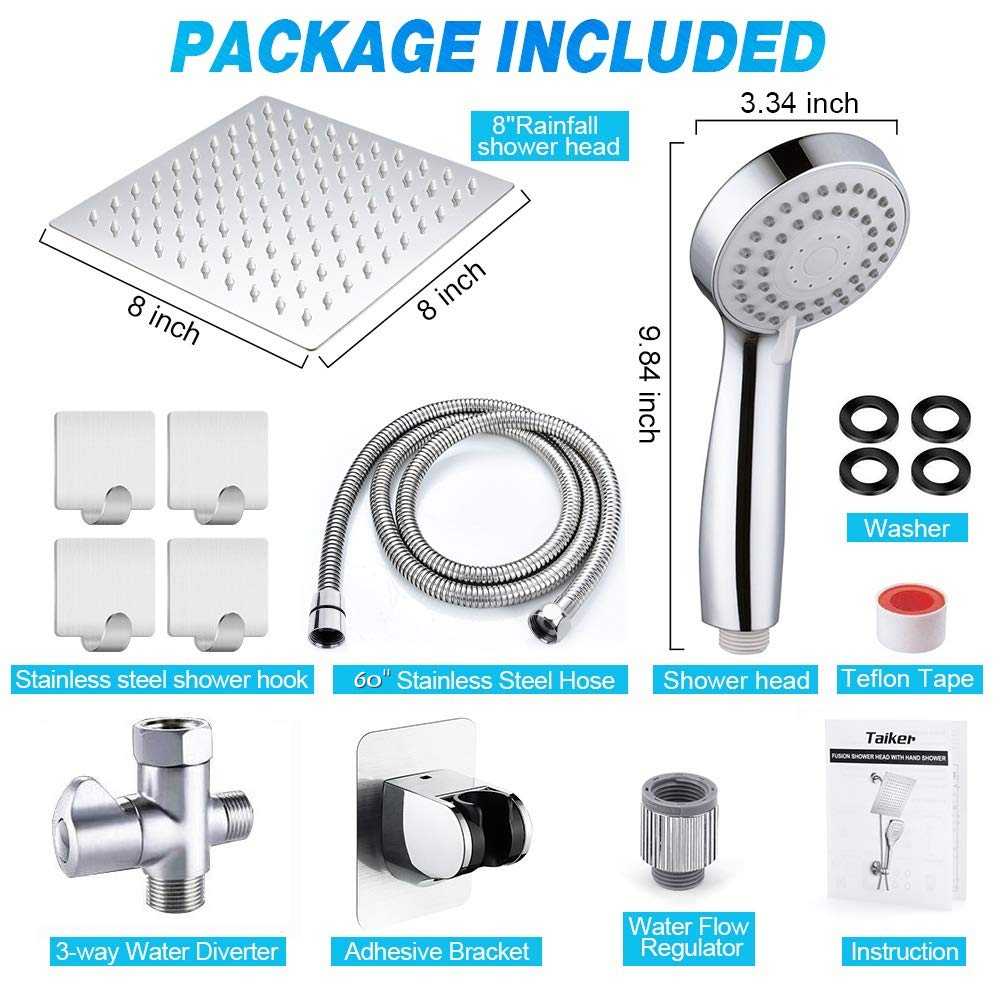 Shower Head, High Pressure 8'' Rainfall Stainless Steel Shower Head/Handheld Combo with 60'' Hose Anti-leak Shower Head with Holder, Flow Regulator, Chrome, 4 Shower Hooks (8'' Showerhead Set, Sliver)