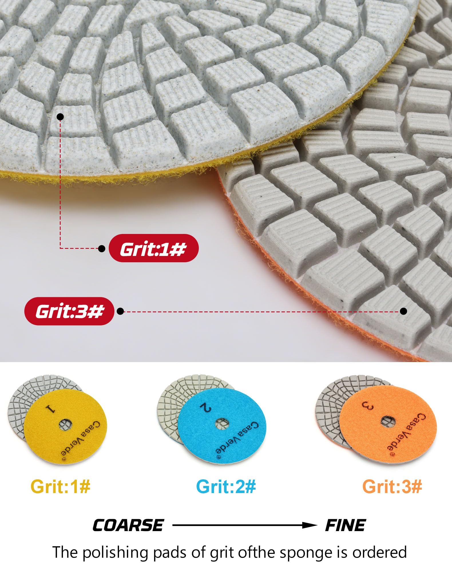 Casaverde 3-Step Diamond Polishing Pads 4" Wet Granite Polishing Pads for Granite,Marble and Engineered Stone Surfaces