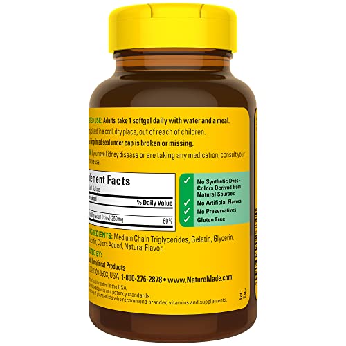 Nature Made Magnesium 250 mg, Dietary Supplement for Muscle, Heart, Bone and Nerve Support, 90 Softgels, 90 Day Supply
