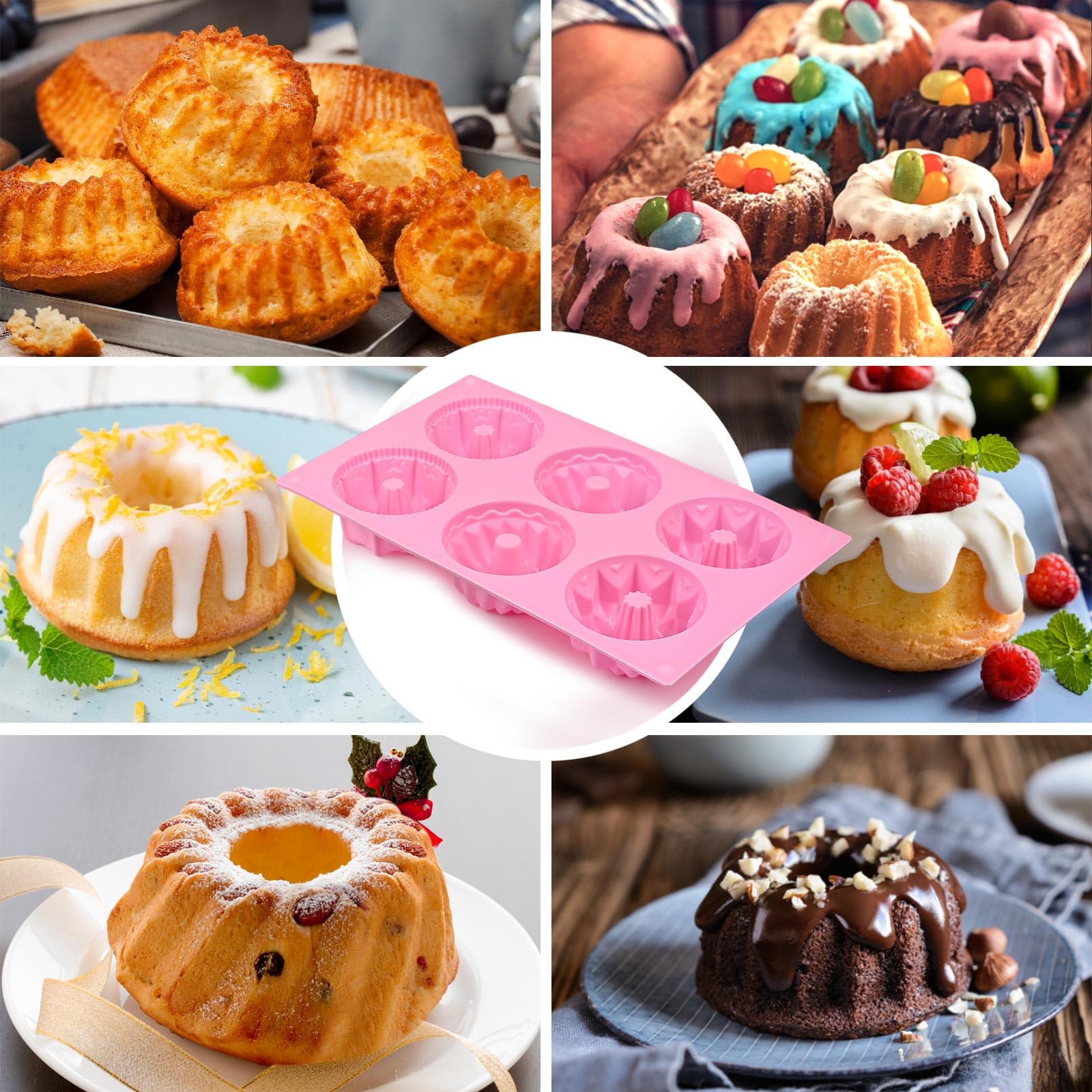 HUAKENER 2 Pcs Mini Bundt Cake Pan, 6-Cavity Fluted Tube Cake Pan, Non-stick Silicone Baking Mold for Cupcakes, Donuts, Cornbread, Brownies, Jellies