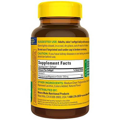 Nature Made Magnesium 250 mg, Dietary Supplement for Muscle, Heart, Bone and Nerve Support, 90 Softgels, 90 Day Supply
