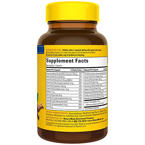 Nature Made Multi + Ashwagandha, Multivitamin for Women and Men for Daily Stress Relief Support, One Per Day, 60 Capsules