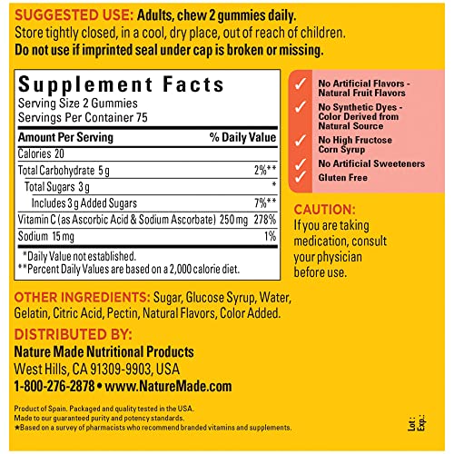 Nature Made Vitamin C 250 mg, Dietary Supplement for Immune Support, 150 Gummies, 75 Day Supply