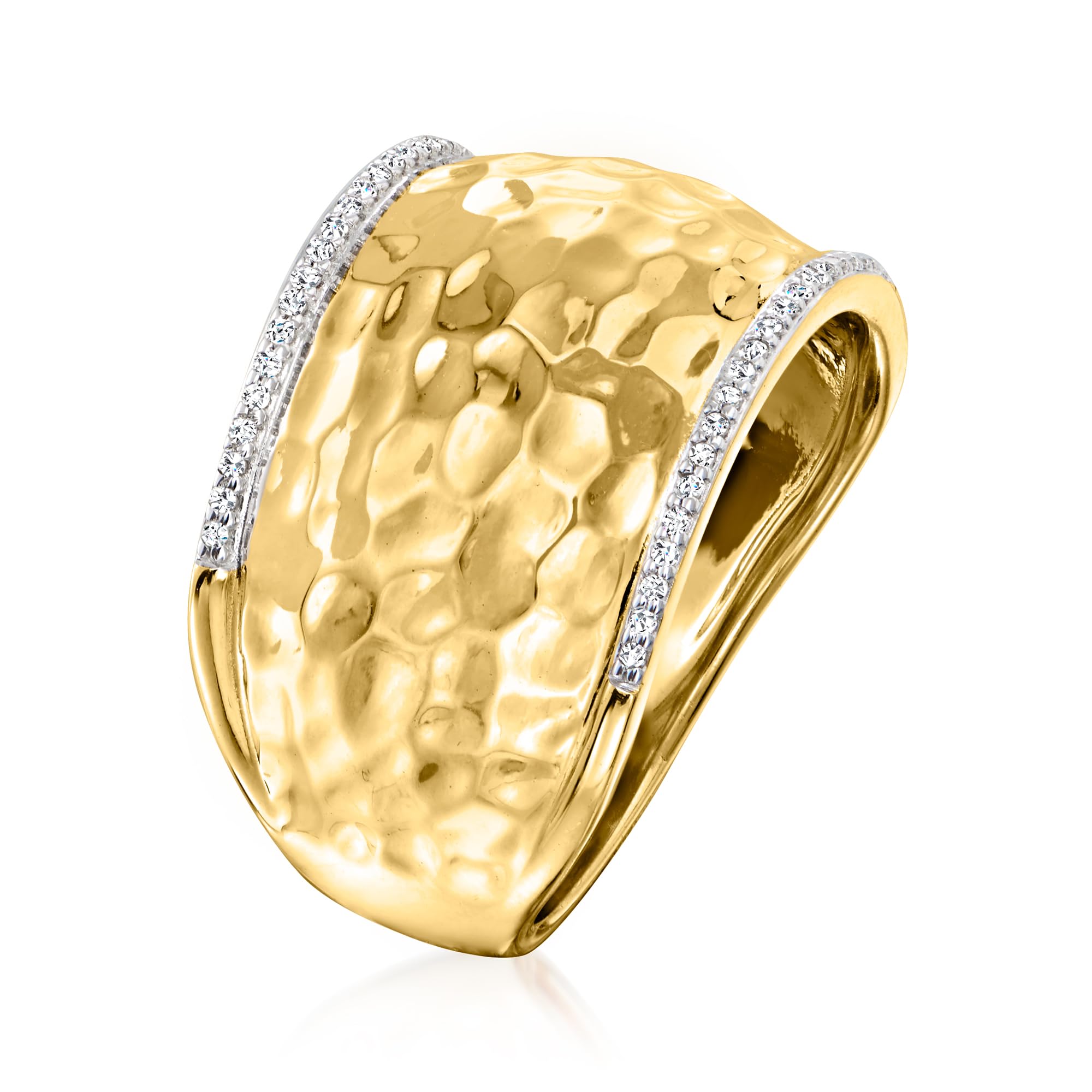 Ross-Simons 0.10 ct. t.w. Diamond Hammered Ring in 18kt Gold Over Sterling. Size 9