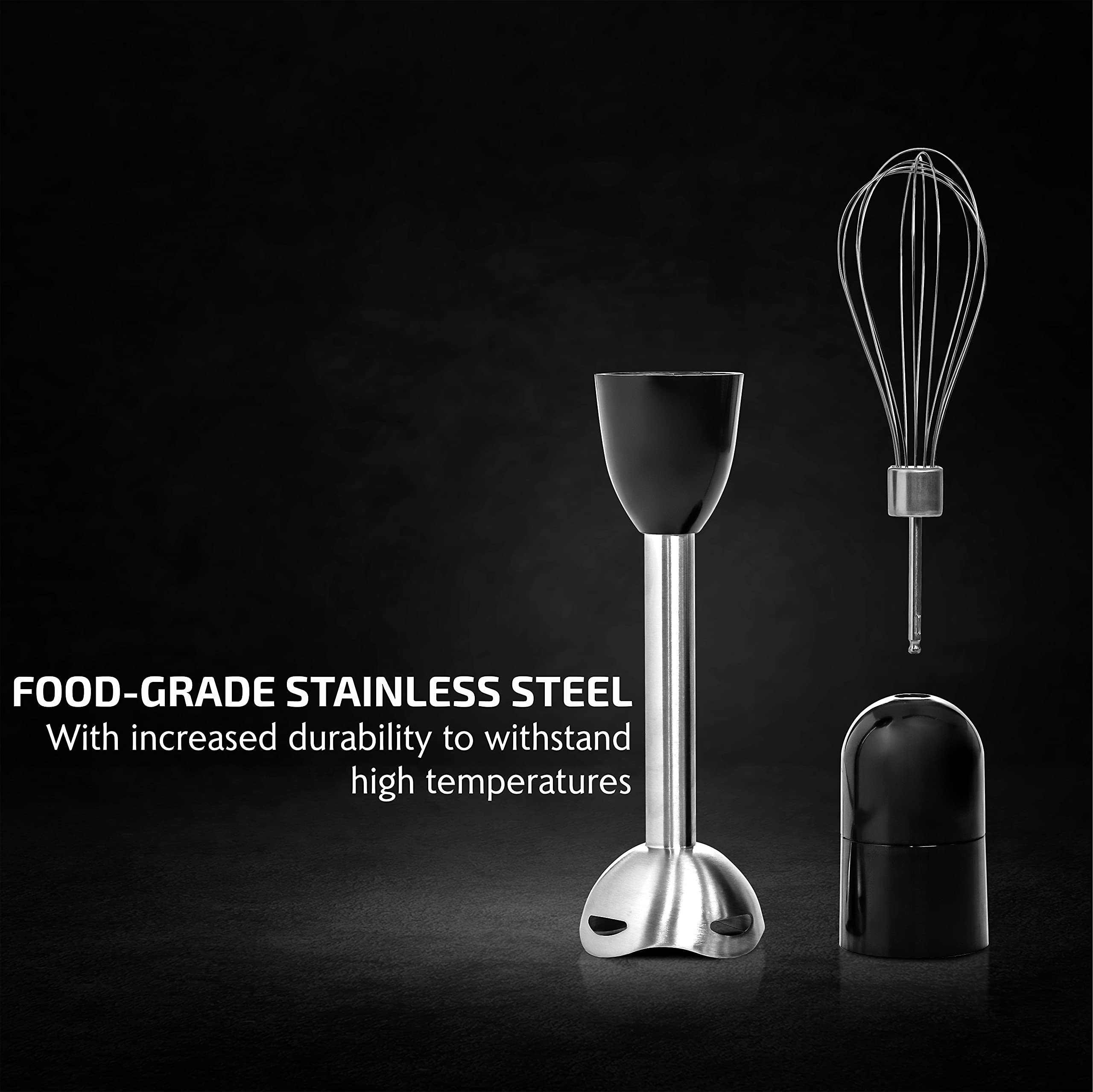 OVENTE Immersion Electric Hand Blender 300 Watt Power 2 Mix Speed with Stainless Steel Blades, Handheld Stick Mixer Set with Egg Whisk Attachment Mixing Beaker and BPA-Free Food Chopper, Black HS565B