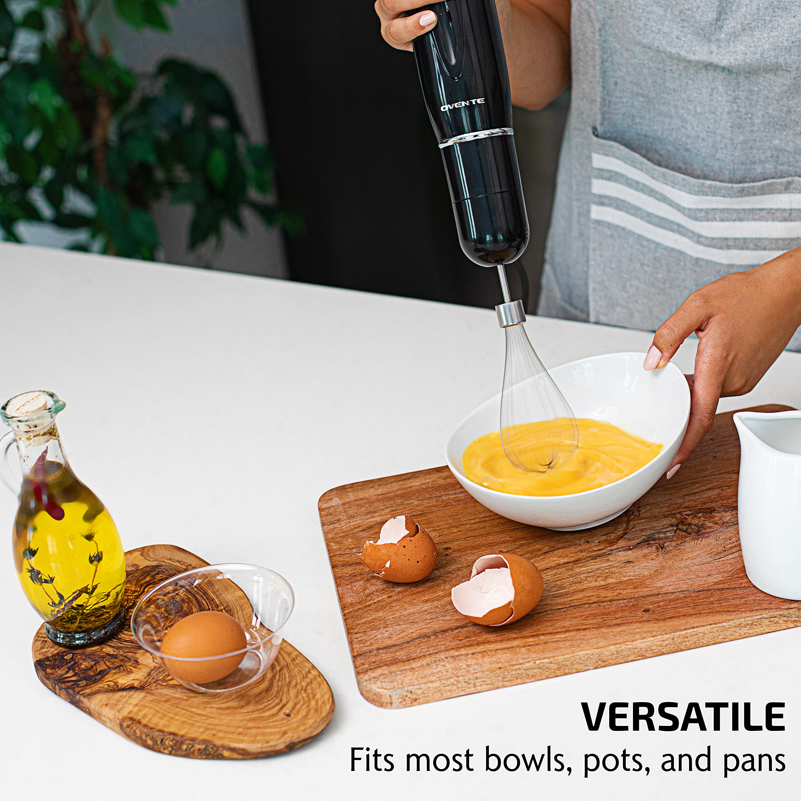 OVENTE Immersion Electric Hand Blender 300 Watt Power 2 Mix Speed with Stainless Steel Blades, Handheld Stick Mixer Set with Egg Whisk Attachment Mixing Beaker and BPA-Free Food Chopper, Black HS565B