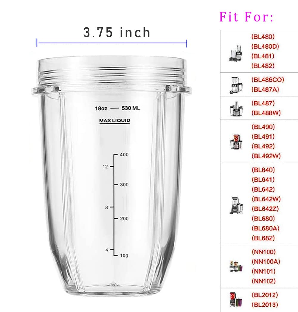 Replacement 18oz Blender Cup with Sip & Seal Lid For Nutri Ninja BL450 BL456 BL480 BL482 BL640 BL642 BL682 BN401 BN751 BN801 Foodi SS101 SS151 SS351 SS401 SS400 Ninja Blender Auto IQ Blade, 2-Pack