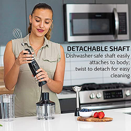 OVENTE Immersion Electric Hand Blender 300 Watt Power 2 Mix Speed with Stainless Steel Blades, Handheld Stick Mixer Set with Egg Whisk Attachment Mixing Beaker and BPA-Free Food Chopper, Black HS565B