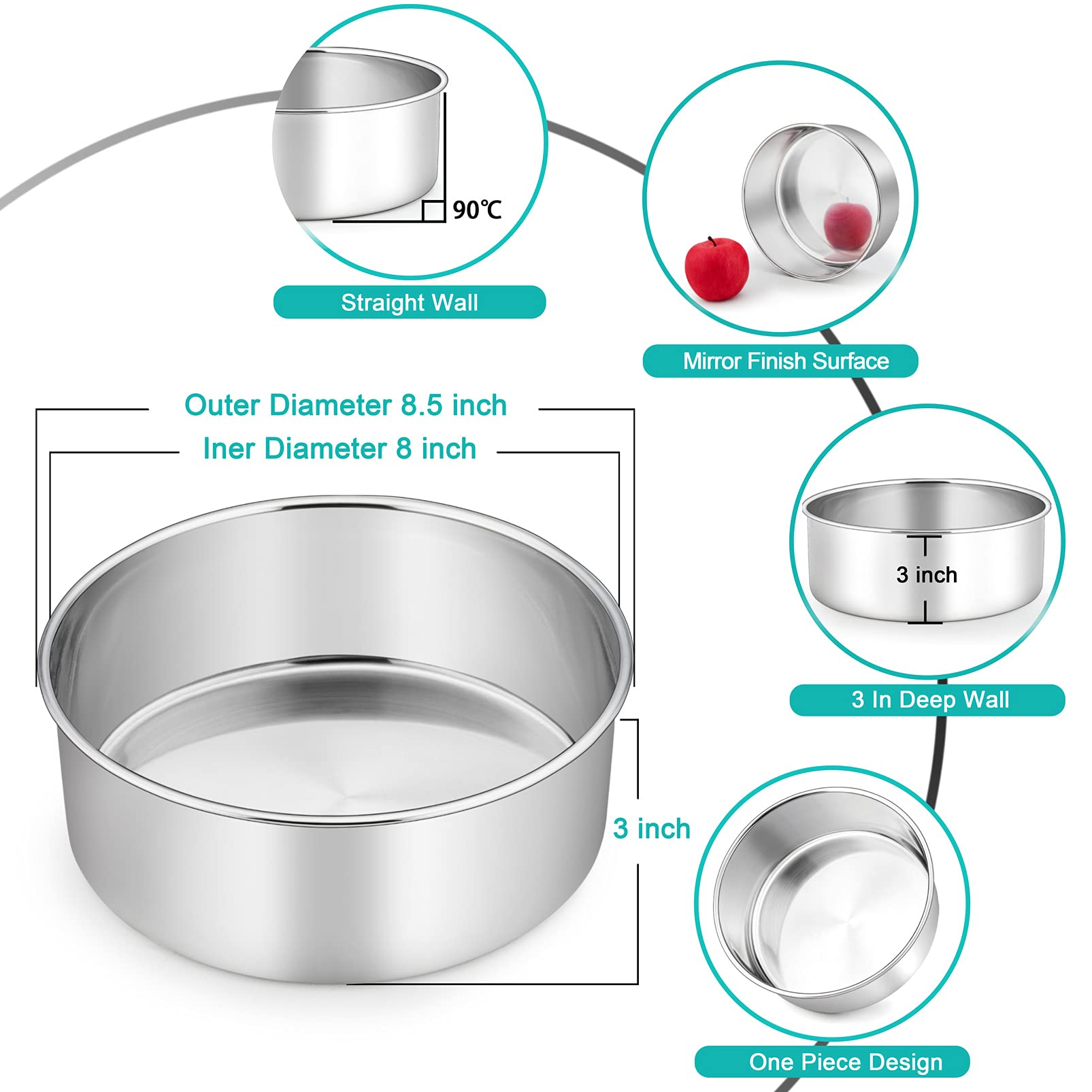TeamFar Cake Pans, 2 PCS Stainless Steel Round 3 Inch Deep Baking Cake Pans for Wedding Birthday Party, Non-Toxic & Heavy Duty, Deep Wall & Straight Side, Dishwasher Safe