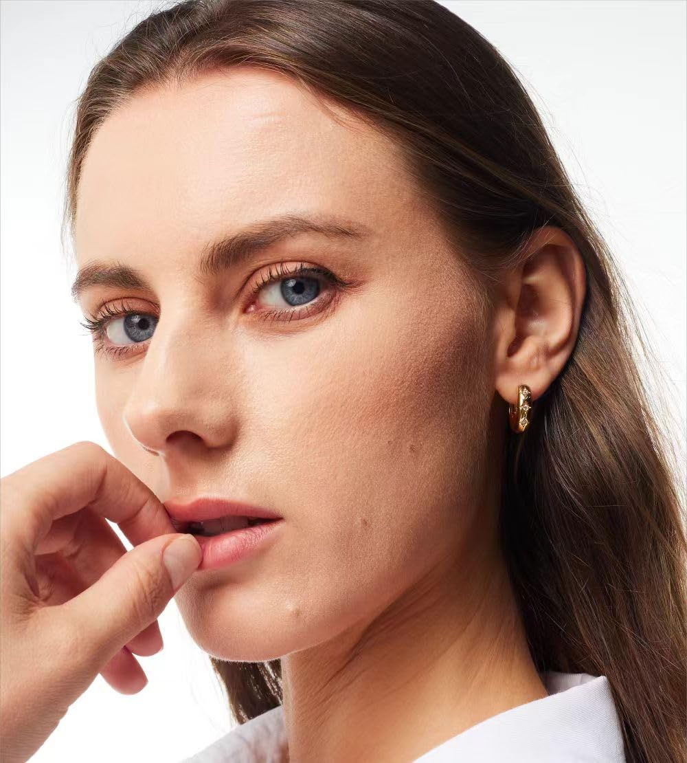 HUARJO 14K Gold Plated Sterling Silver Post Small Chunky Gold Hoop Earrings,Diamond Studded Huggie Earrings for Women 8mm 10mm 12mm (12mm, Gold)