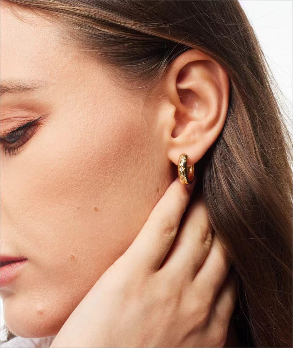 HUARJO 14K Gold Plated Sterling Silver Post Small Chunky Gold Hoop Earrings,Diamond Studded Huggie Earrings for Women 8mm 10mm 12mm (12mm, Gold)