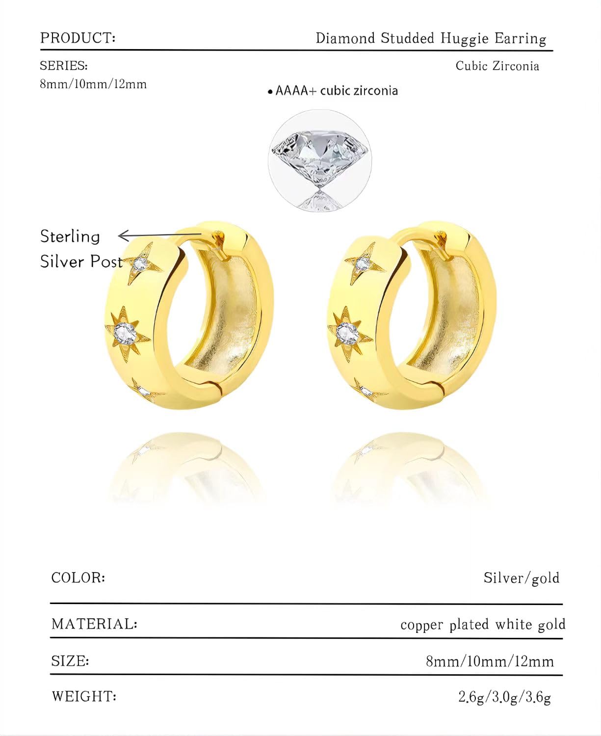 HUARJO 14K Gold Plated Sterling Silver Post Small Chunky Gold Hoop Earrings,Diamond Studded Huggie Earrings for Women 8mm 10mm 12mm (12mm, Gold)