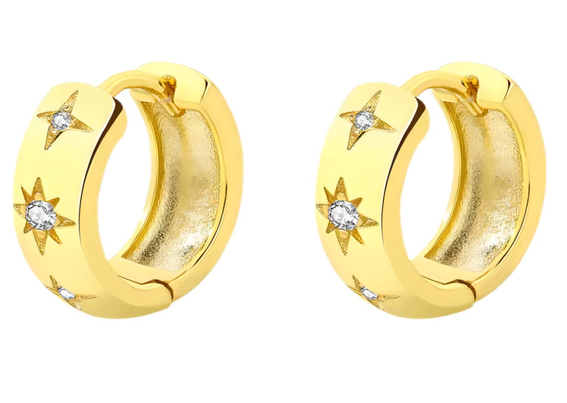 HUARJO 14K Gold Plated Sterling Silver Post Small Chunky Gold Hoop Earrings,Diamond Studded Huggie Earrings for Women 8mm 10mm 12mm (12mm, Gold)