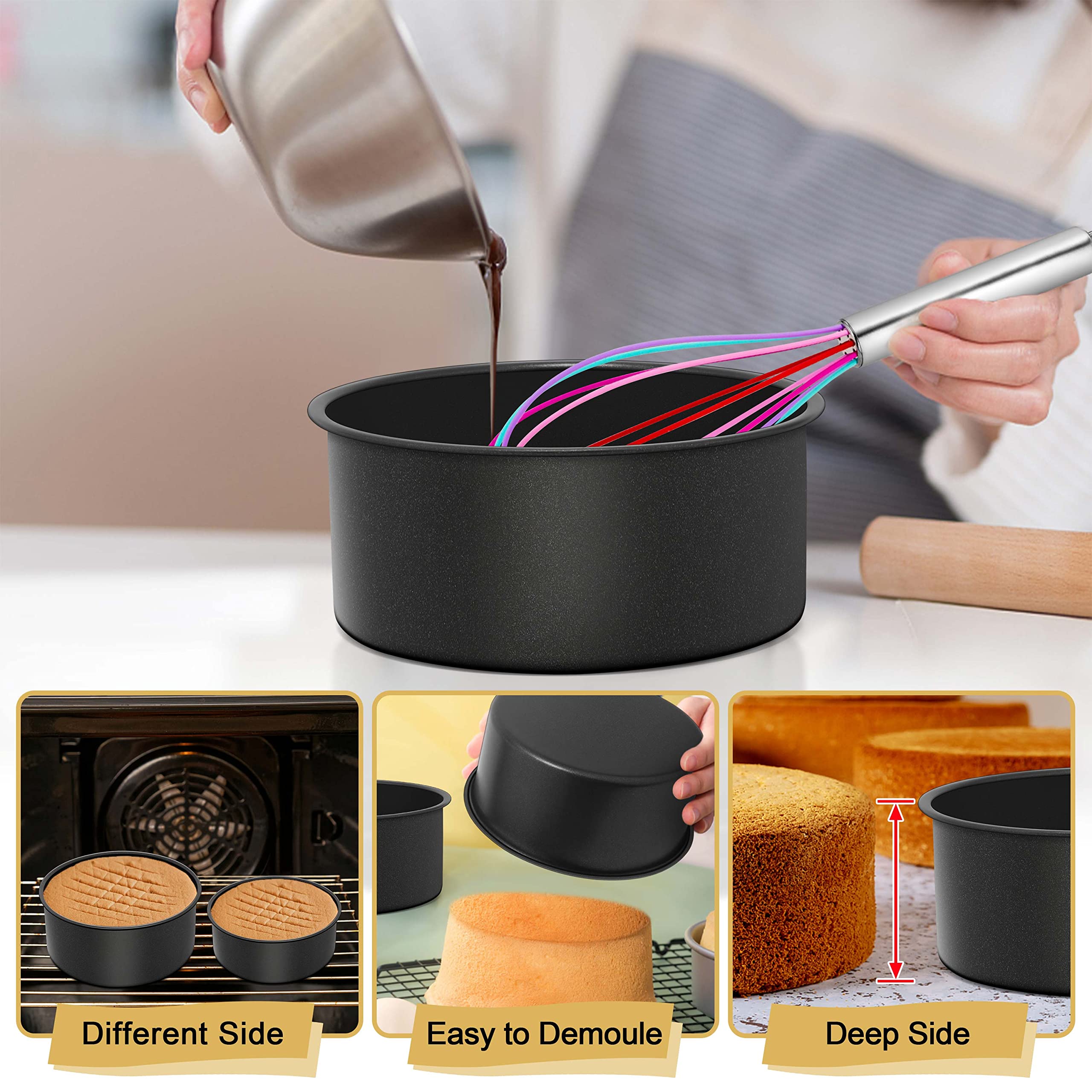 E-far Deep Cake Pan Set of 3 (4/6/8 Inch), Nonstick Stainless Steel Round Cake Pans Tins for Baking Layer Wedding Cakes, Stainless Steel Core & Nontoxic Coating, Deep & Straight Side