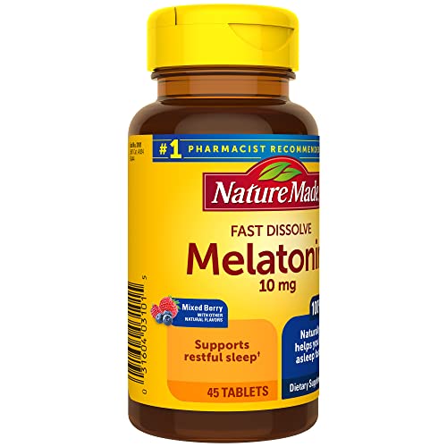 Nature Made Fast Dissolve Melatonin 10mg, Maximum Strength 100% Drug Free Sleep Aid for Adults, 45 Tablets, 45 Day Supply